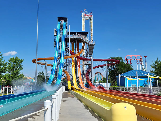Extreme Slide: A rainbow of racing lanes invites competitive families to settle once and for all who deserves the last funnel cake.