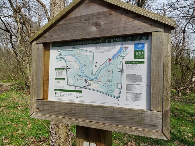 The park's trail map reveals a network of paths waiting to be explored – like a treasure map where the X marks several spectacular spots.