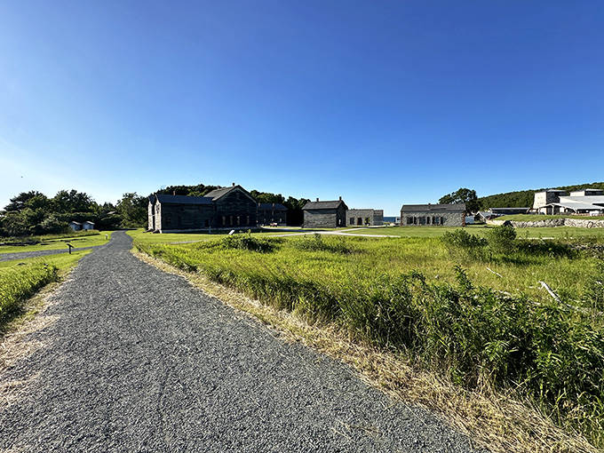 Buildings arranged with industrial precision reveal the careful planning behind this once-thriving Michigan community.