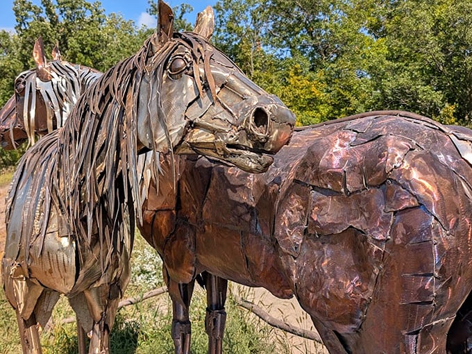 These wooden horses gallop straight out of imagination, their recycled materials transformed into creatures that seem ready to carry you into folklore.