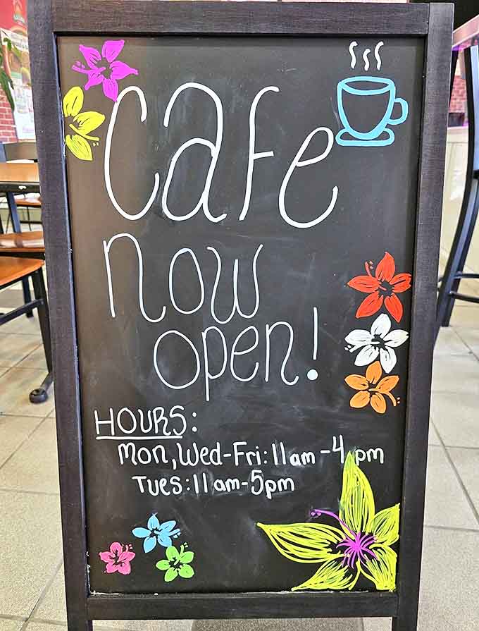Those cheerful flowers on the hours sign match the happy feeling you get knowing this cafe is open and ready to solve your sweet tooth emergency.