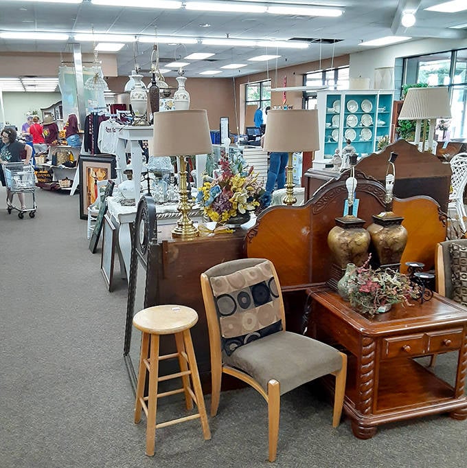 Vintage lamps and home goods create warm, inviting displays that whisper, "I'd look even better in your living room."