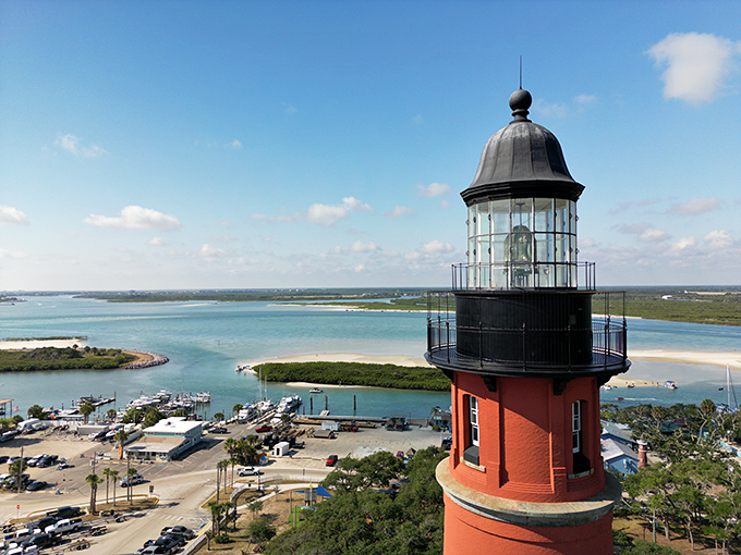 The business end of a lighthouse! The lantern room crowns the tower like a jewel, offering sweeping views of the inlet where the Halifax River meets the Atlantic.