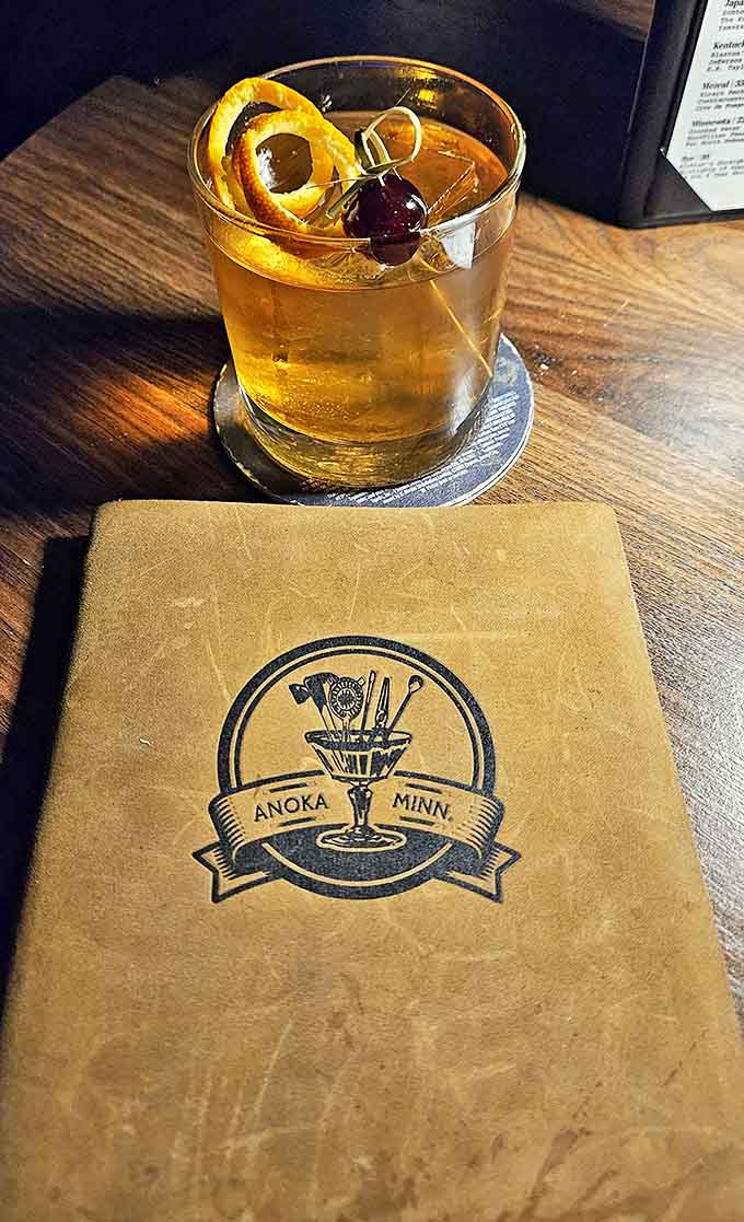 Anoka's best-kept secret &ndash; The menu's embossed logo hints at the establishment's Minnesota roots while the amber liquid promises warmth against even the coldest northern nights.