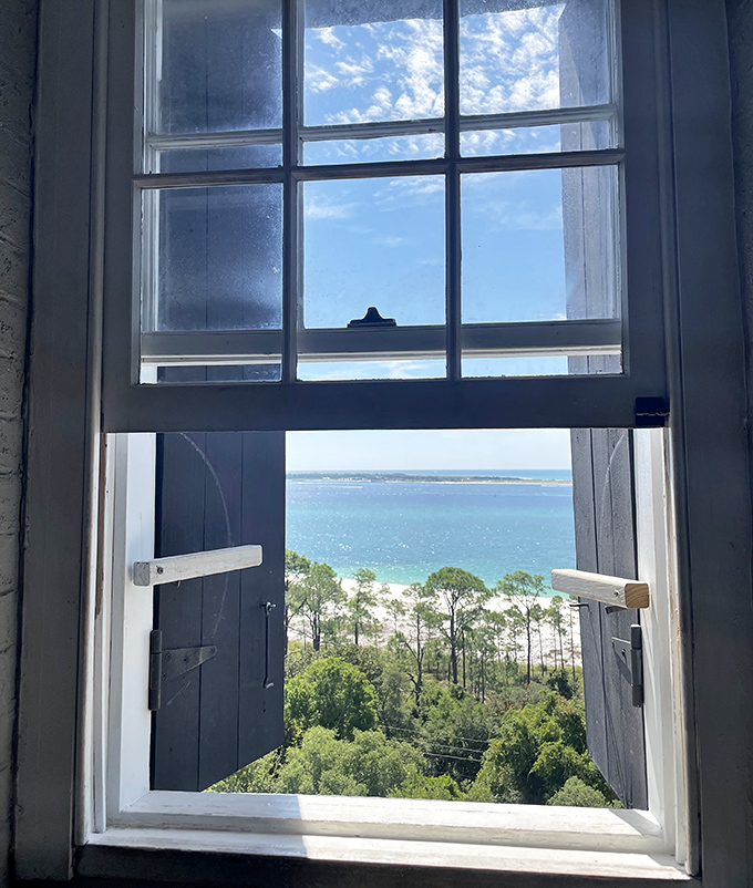 Through this window, keepers watched for ships in distress. Today, visitors watch for dolphins, sailboats, and the occasional beach volleyball game from 150 feet up.