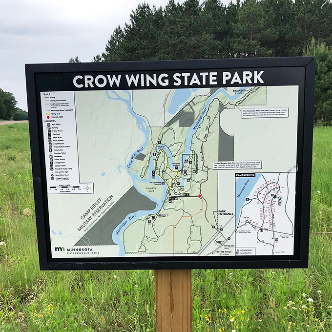 Park signage helps visitors navigate both the physical landscape and the historical significance of this forgotten frontier town.