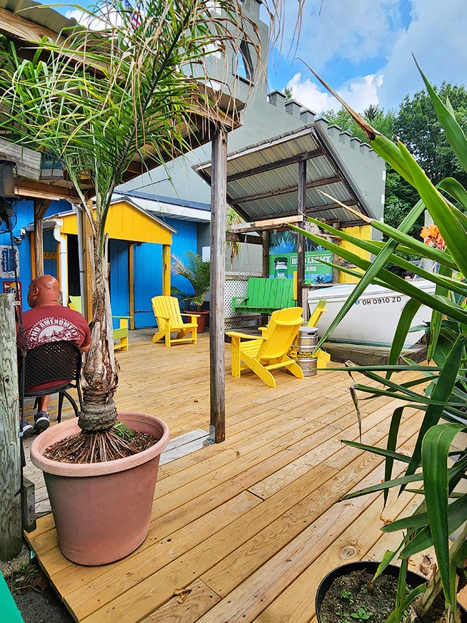 The tropical patio area offers a bizarre but delightful Florida oasis in northeastern Ohio &ndash; palm plants included!