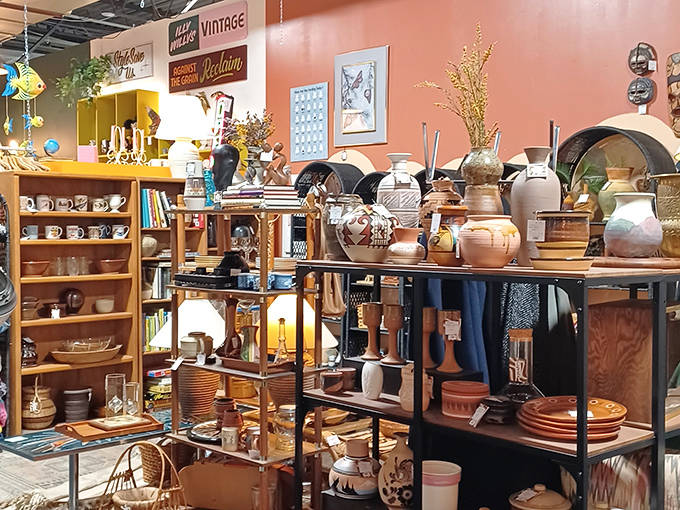 Earth-toned pottery and handcrafted vessels create a textural feast for collectors who appreciate the warmth and character of vintage ceramics.