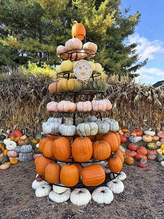A magnificent tower of pumpkins creates a fall masterpiece, with varieties stacked in a colorful display that celebrates autumn's bounty.