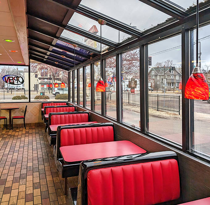 The sunlit seating area offers the perfect spot to savor your treats while watching the world go by.