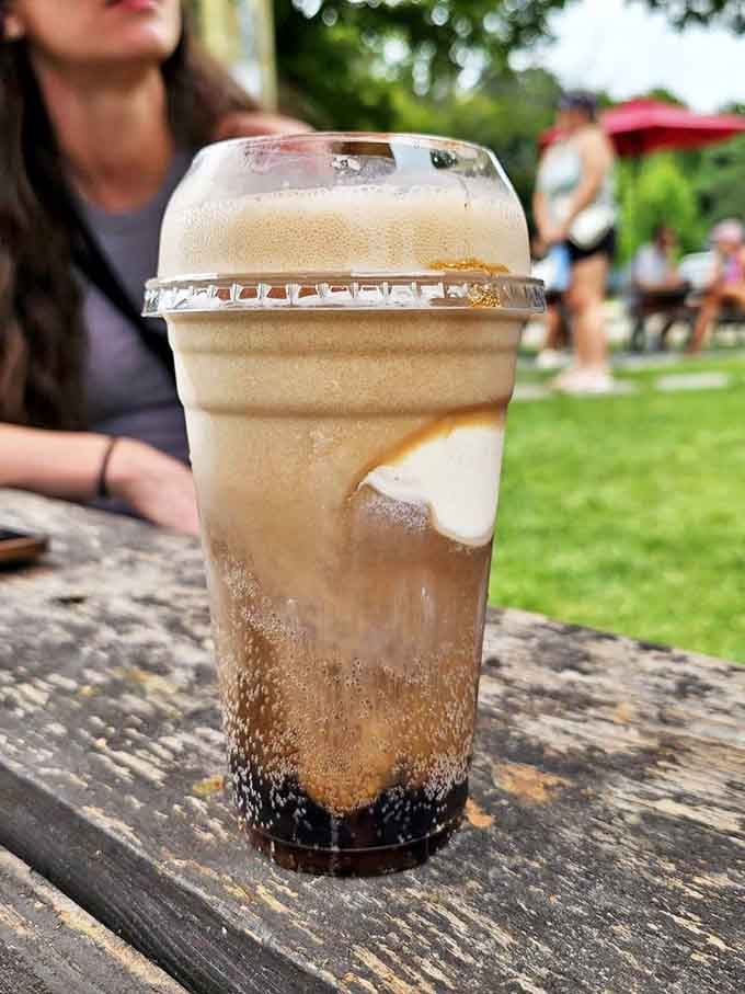 The crown jewel of the menu: a root beer float with vanilla ice cream slowly melting into that dark, frothy root beer &ndash; summer in a glass.