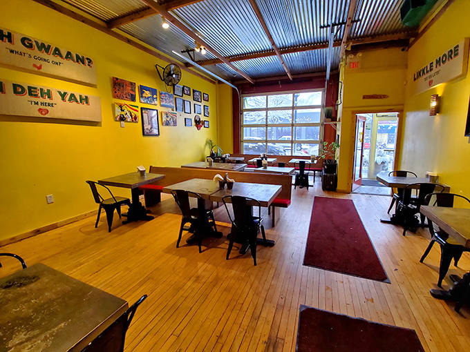 Wooden floors and sunshine-yellow walls create a space that feels like a casual Kingston eatery transported to the heart of Minneapolis.