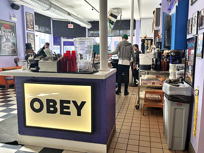 The "OBEY" sign isn't being subtle about its intentions, commanding you to surrender to the caffeinated delights that await.