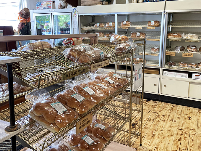 Freshly baked bread lines the shelves, each loaf labeled with care and ready to become the foundation of countless family meals.