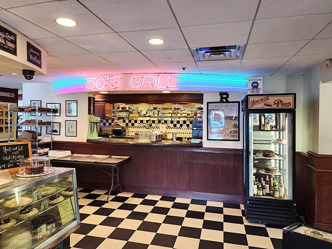 The soda counter evokes memories of first dates and after-school hangouts, where malts and shakes were served with both straws and spoons.