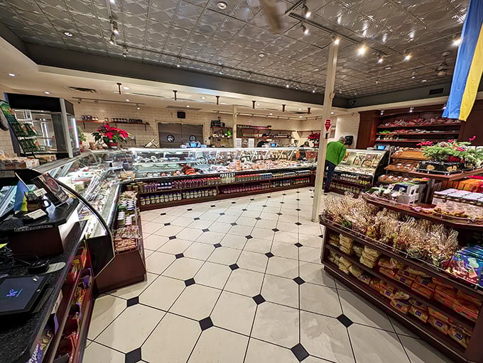 A wonderland of Eastern European specialties awaits in the market section, where shelves overflow with imported treasures and house-made delights.