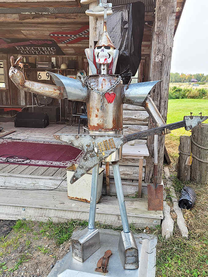 Meet the metallic greeter whose rusty heart and recycled parts embody the shop's philosophy: everything old deserves new life and appreciation.