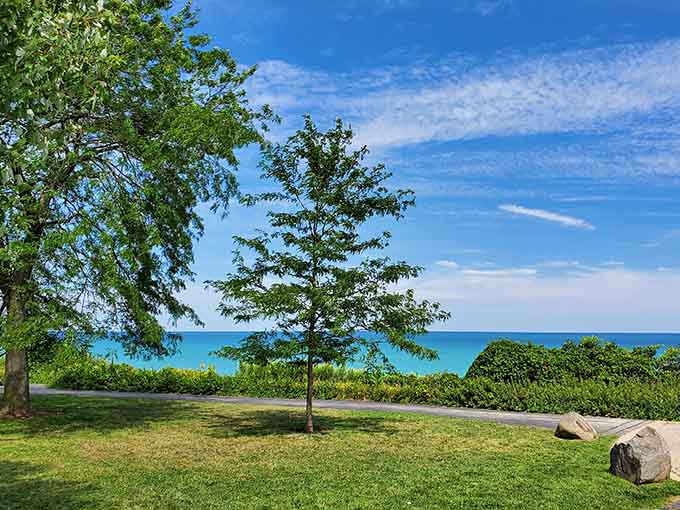 Summer greenery creates perfect picnic spots where everything tastes better with Lake Michigan as your dining backdrop.