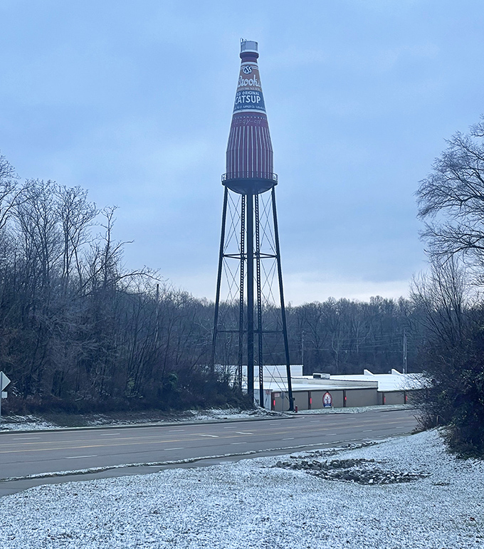 Winter brings a different perspective to the tower, with the red bottle providing a splash of color against Illinois' snow-covered landscape.