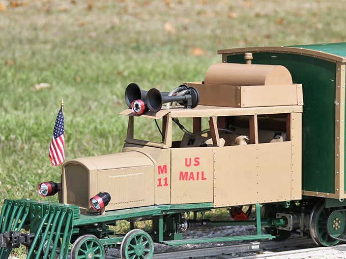 Neither snow nor rain nor tiny scale stops this adorable mail car from completing its appointed rounds.