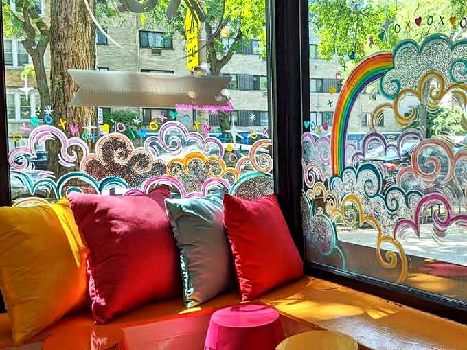 Sunlight streams through window art, creating rainbow patterns across colorful pillows – the perfect spot for people-watching with your treat.