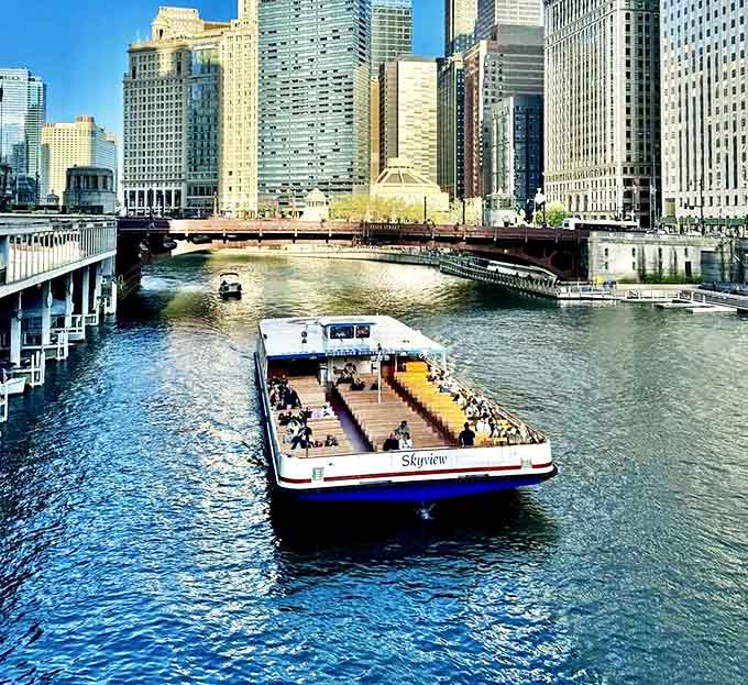 The Skyview tour boat glides beneath bridges, offering passengers unmatched views of architectural wonders from the perfect vantage point&mdash;the water itself.