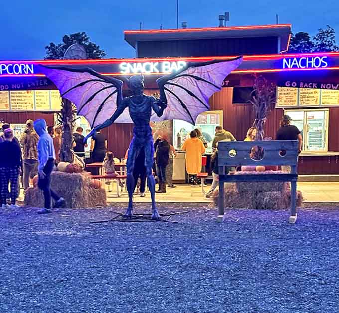 Halloween season brings spooky decorations and costumed figures to the concession area, adding an extra layer of entertainment between features.