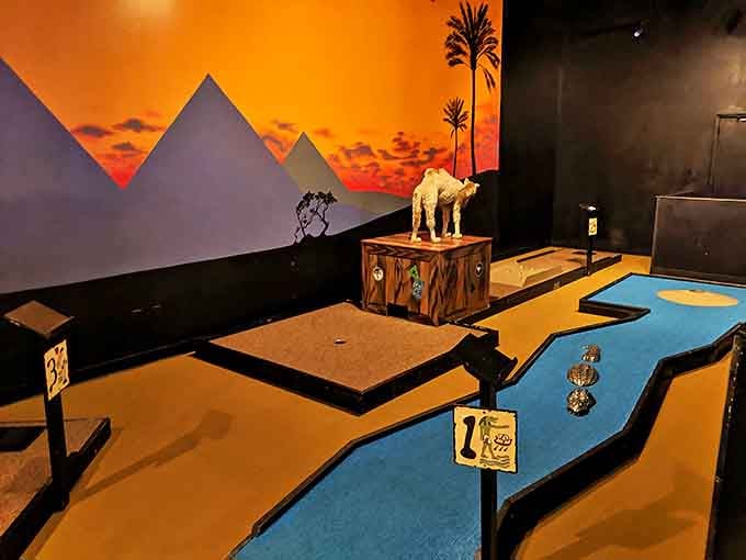 Desert landscapes meet electric sunsets in this hole where even the worst golfers can feel like neon-lit champions.