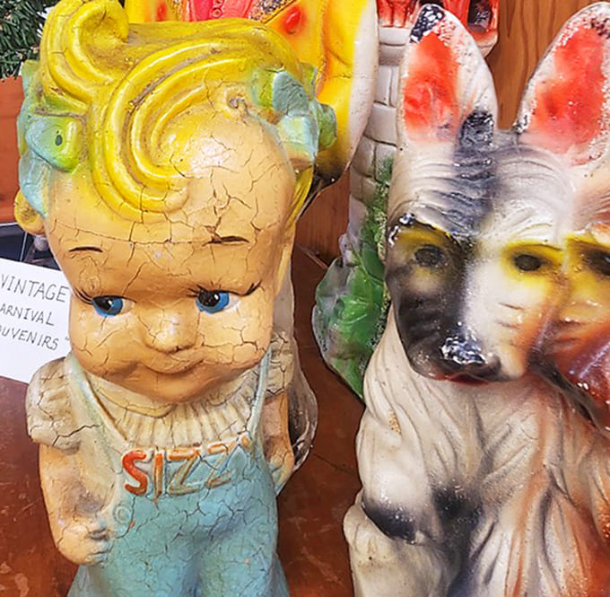 These weathered vintage figurines might give you slight nightmares, but they're undeniably fascinating relics from when carnival prizes and roadside attractions embraced a certain creepy charm that's oddly endearing.