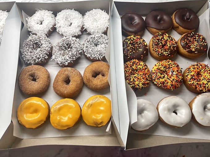 A box of donuts arranged like a color wheel of happiness&mdash;chocolate, sprinkles, coconut, and glazed options for every mood.