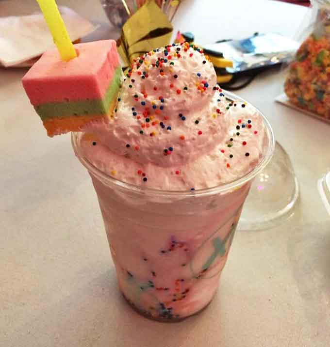 This Birthday Cake milkshake doesn't just celebrate birthdays – it's a party in a cup, complete with rainbow marshmallow on a stick.
