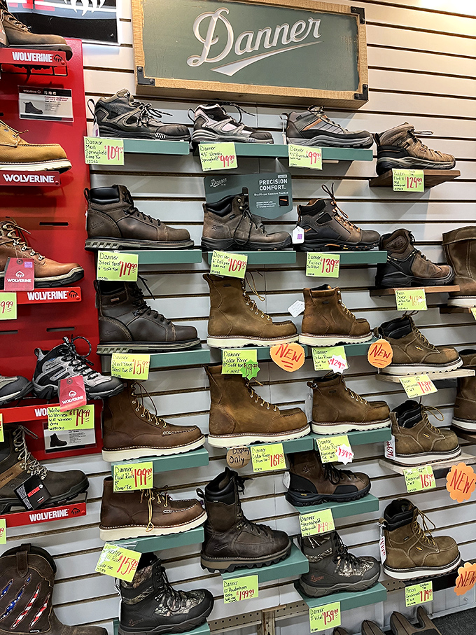 Quality footwear for serious outdoorspeople lines the walls. These Danner boots promise comfort and durability for feet that work hard in Michigan's rugged terrain.