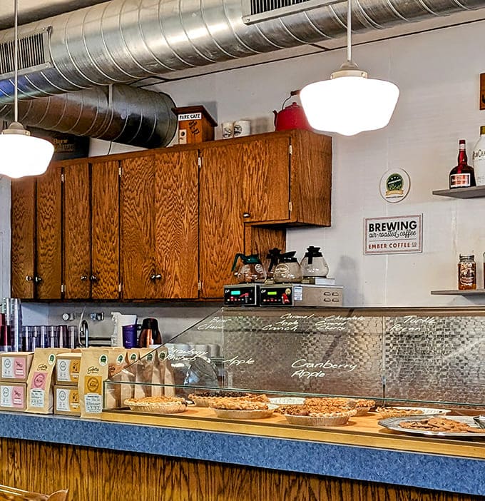 Counter: Behind this counter is where the magic happens &ndash; fresh pies cooling and coffee brewing throughout the day.