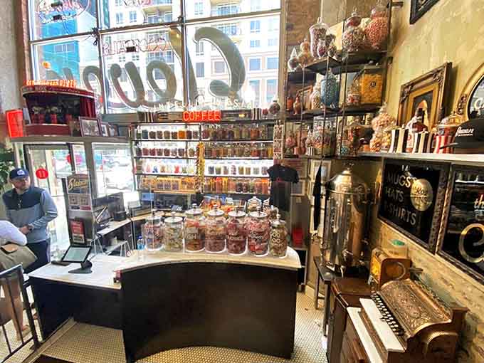 Sweet tooth paradise: jars of colorful candies line the walls, a sugar-fueled time machine to childhood memories and simpler pleasures.