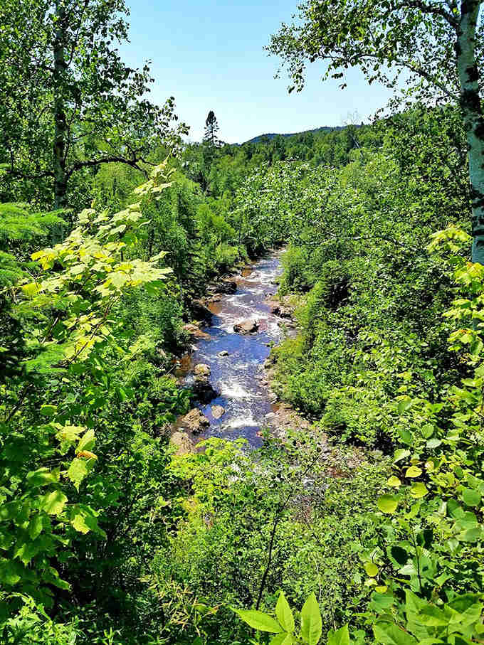 The river cuts through the landscape like a blue ribbon, carrying stories from deep in the forest toward Lake Superior.