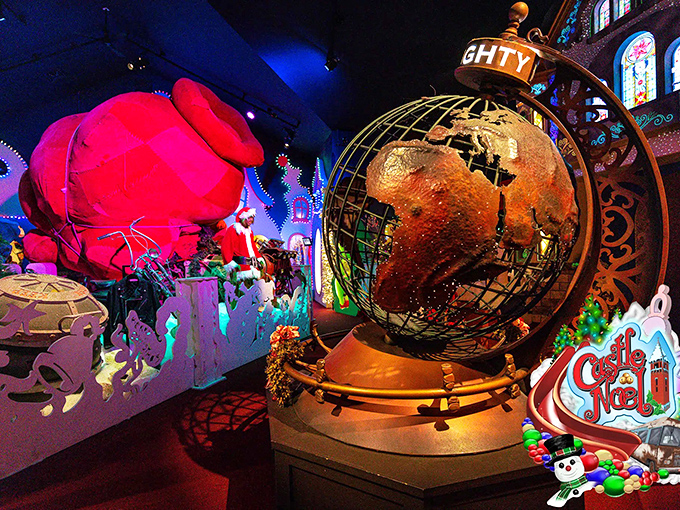 Castle Noel's magical globe display transports visitors into Christmas fantasy land, where holiday movie magic comes alive year-round in spectacular technicolor glory.