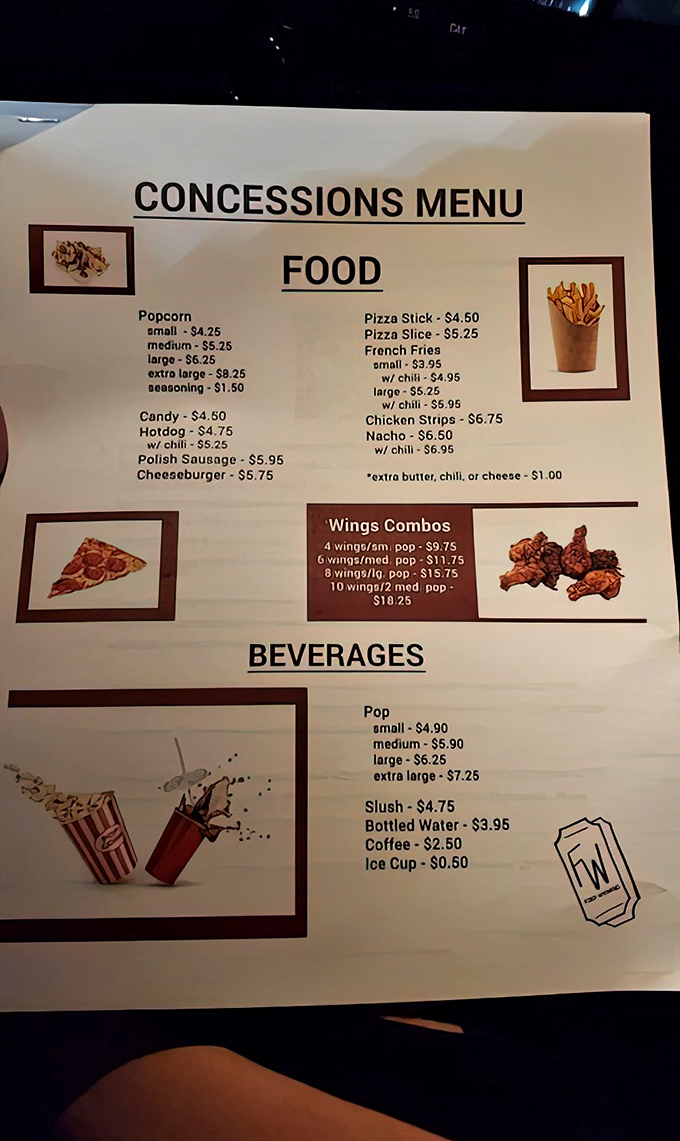 The concession stand menu features drive-in classics alongside local favorites like Polish sausage, a nod to Detroit's food culture.