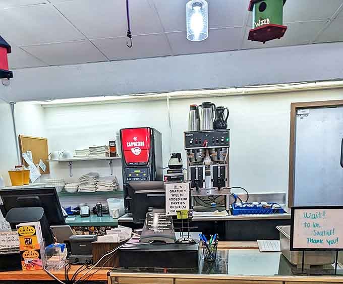 The coffee station stands ready for action &ndash; because at R.J. Riches, an empty coffee cup is practically against the house rules.