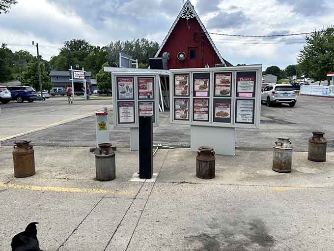 The drive-thru menu boards flanked by vintage milk cans prove that convenience doesn't have to mean sacrificing character or quality.