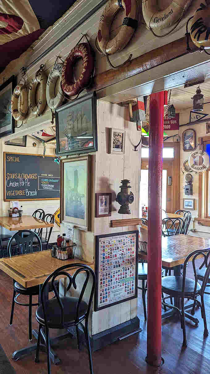 Life preservers and nautical artifacts transform walls into conversation pieces &ndash; dining surrounded by Great Lakes history makes food taste better.
