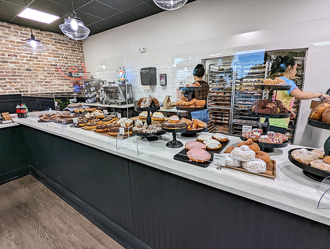 The display case – where doughnut dreams come true and willpower goes to die, one glazed masterpiece at a time.