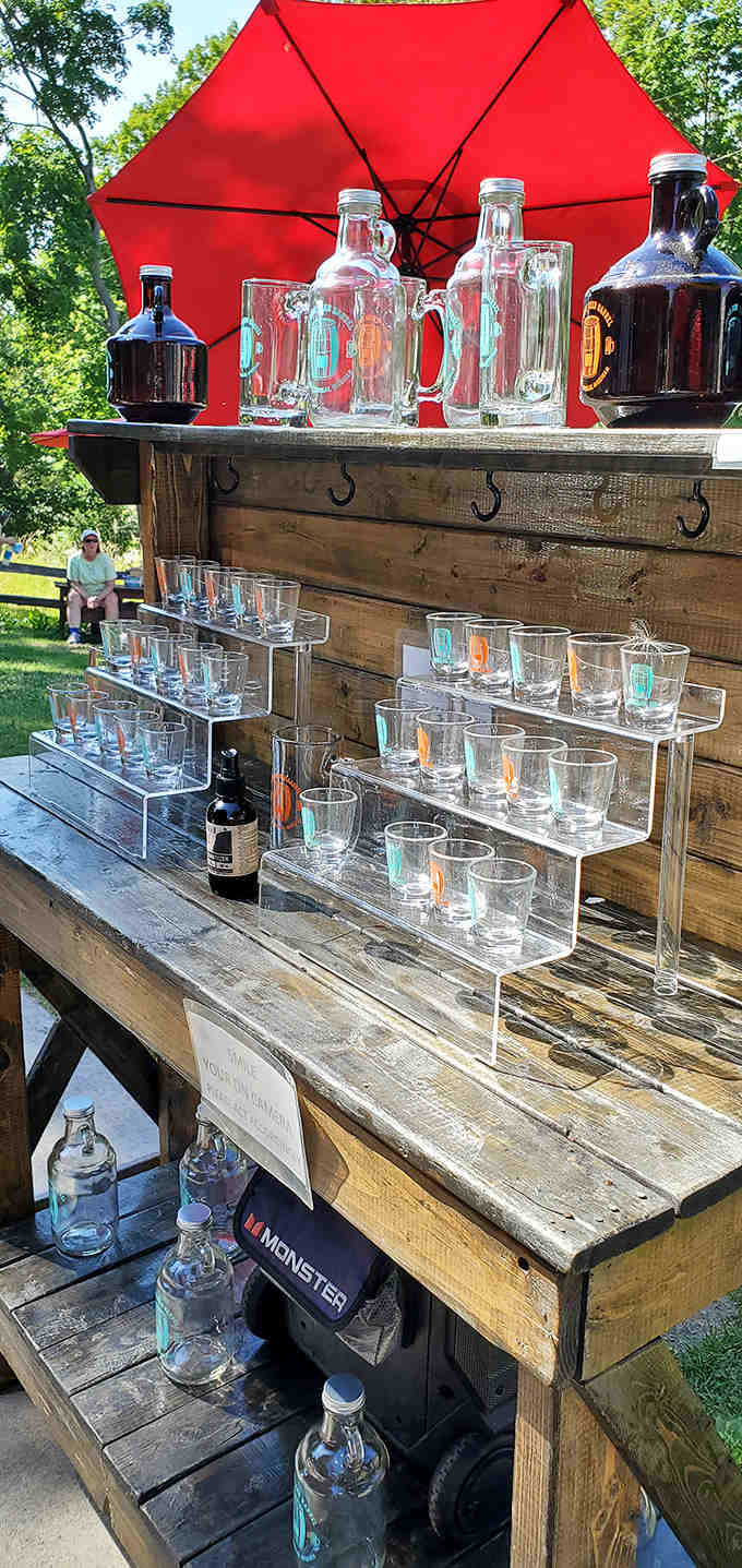 The beer station offers a grown-up alternative to root beer, with local brews displayed like trophies on rustic wooden shelving.