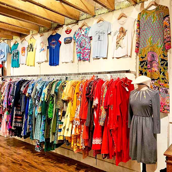 Rainbow-organized vintage dresses create an Instagram-worthy display that makes color-coordinated shopping a visual feast for fashion lovers.