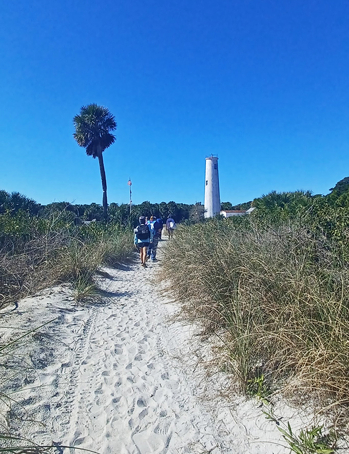The sandy path through sea oats leads adventurous visitors toward the island's iconic lighthouse, promising discovery ahead.