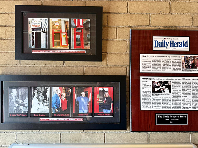 The wall of memories tells the store's story through yellowed newspaper clippings and photographs, a timeline measured in smiles and satisfied sweet tooths.