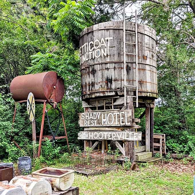 The iconic Petticoat Junction water tower stands as a rustic monument to television nostalgia and roadside Americana at its finest.