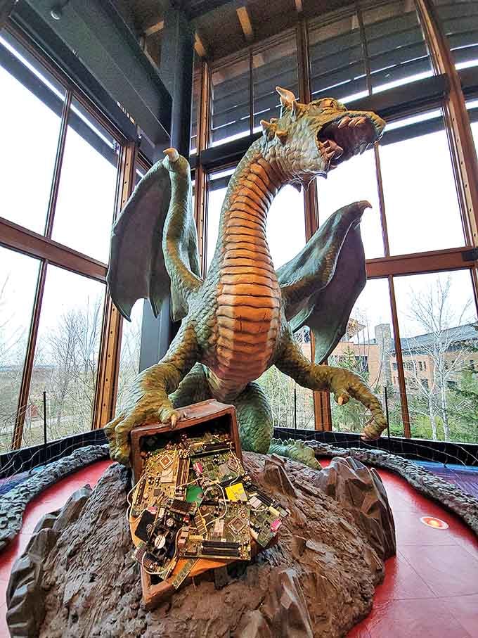 Guardian of the server room? This impressive dragon sculpture watches over its technological treasure hoard with fierce determination.