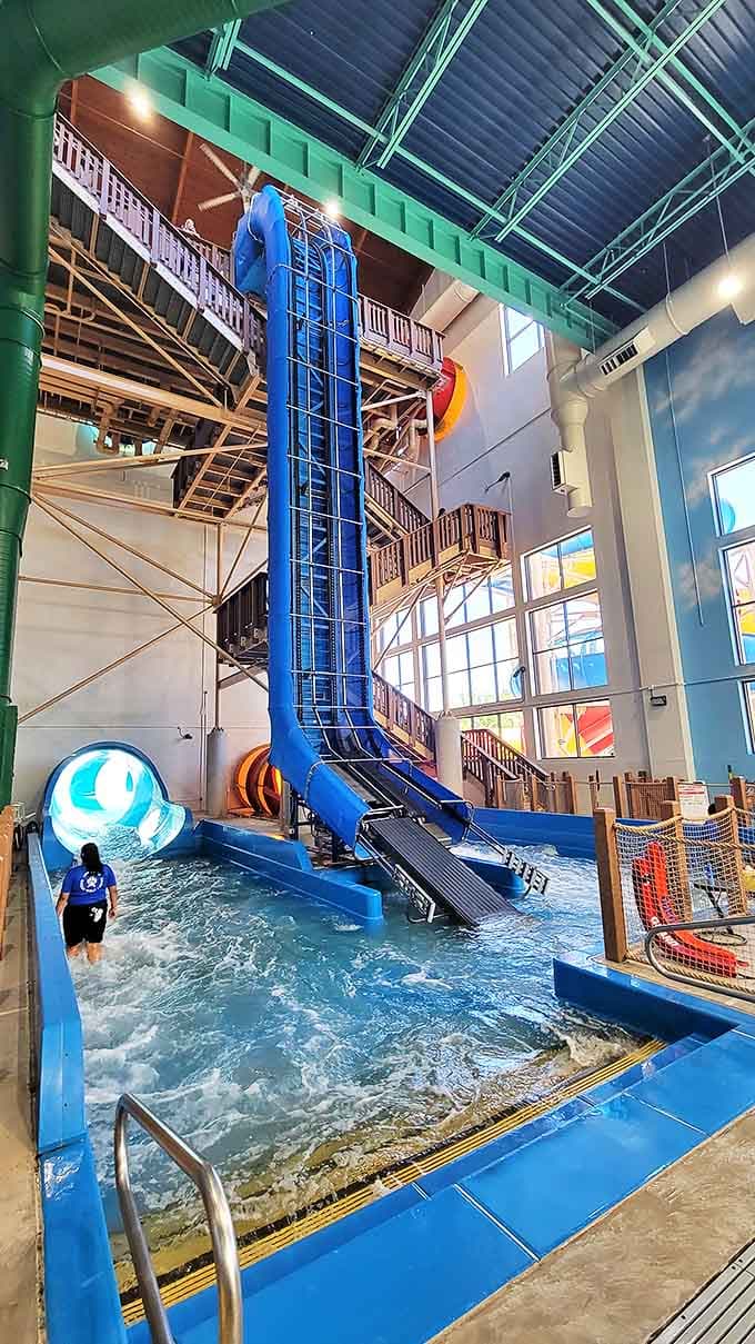 The towering blue slide stands like a water-filled skyscraper, daring guests to climb its heights for the reward of an exhilarating descent.