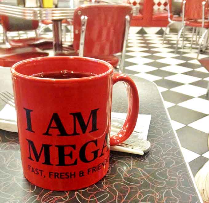 Coffee served in a proper mug that boldly declares your mega status while delivering the caffeine you desperately need.