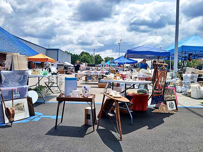 Summer sunshine transforms the parking lot into a treasure hunter's paradise, where discoveries wait under blue tents and bright skies.